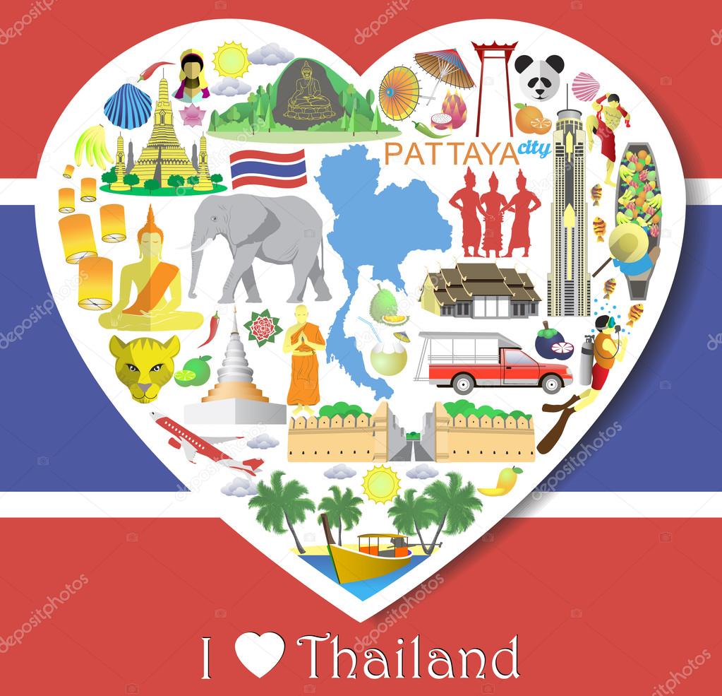 Thailand love. Set vector icons and symbols in form of heart — Stock ...