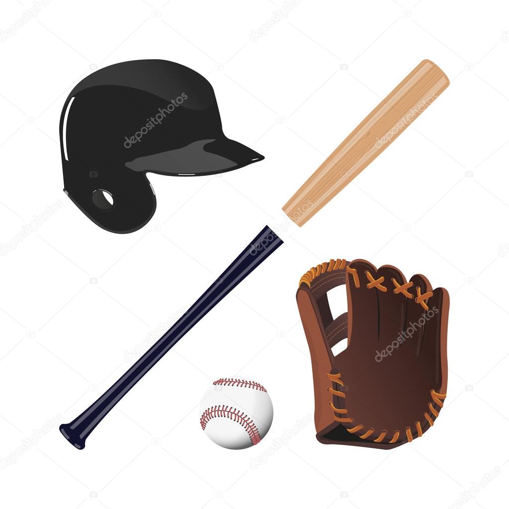 Items for baseball : the ball , glove , bat, helmet. A collectio Stock ...