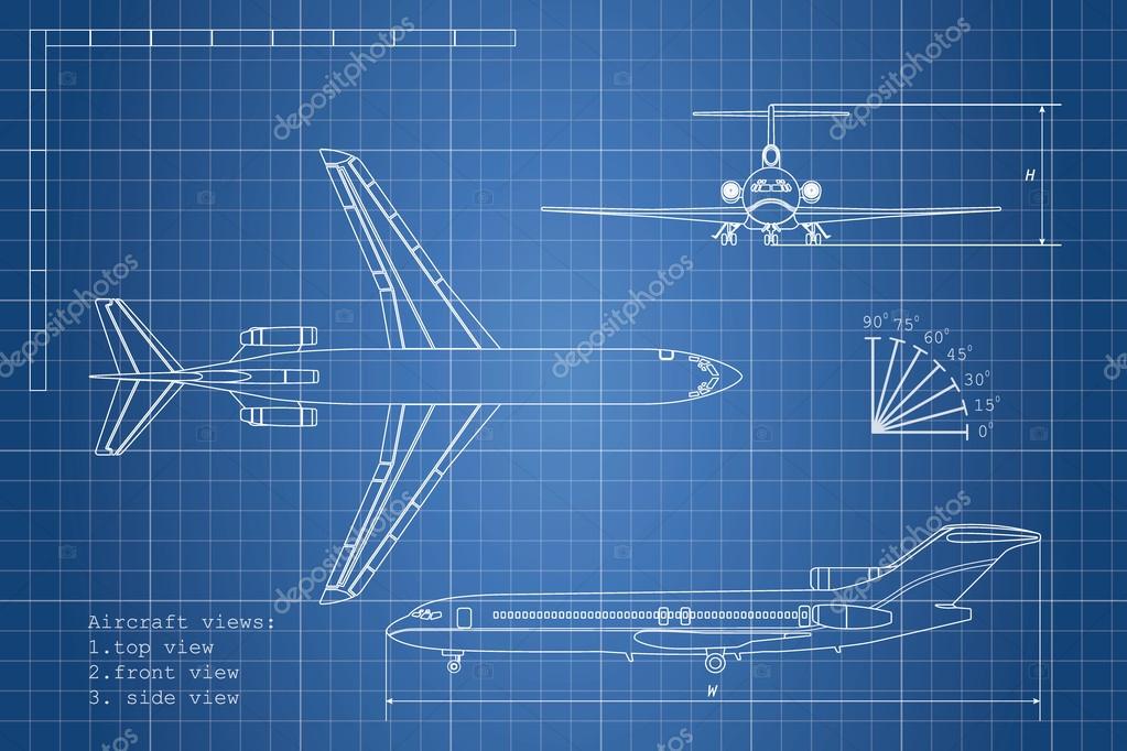 Outline drawing plane on a blue background. Top, side and front Stock ...