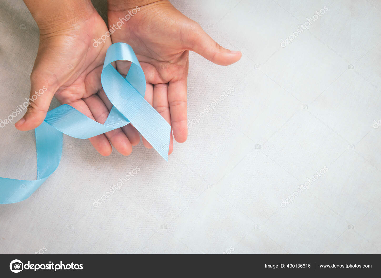 Hands Holding Light Blue Color Ribbon White Fabric Background Copy ...