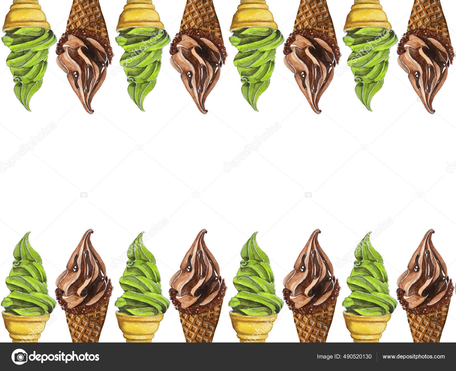 Watercolor Border Frame Pattern Soft Serve Ice Cream Green Tea — Stock ...