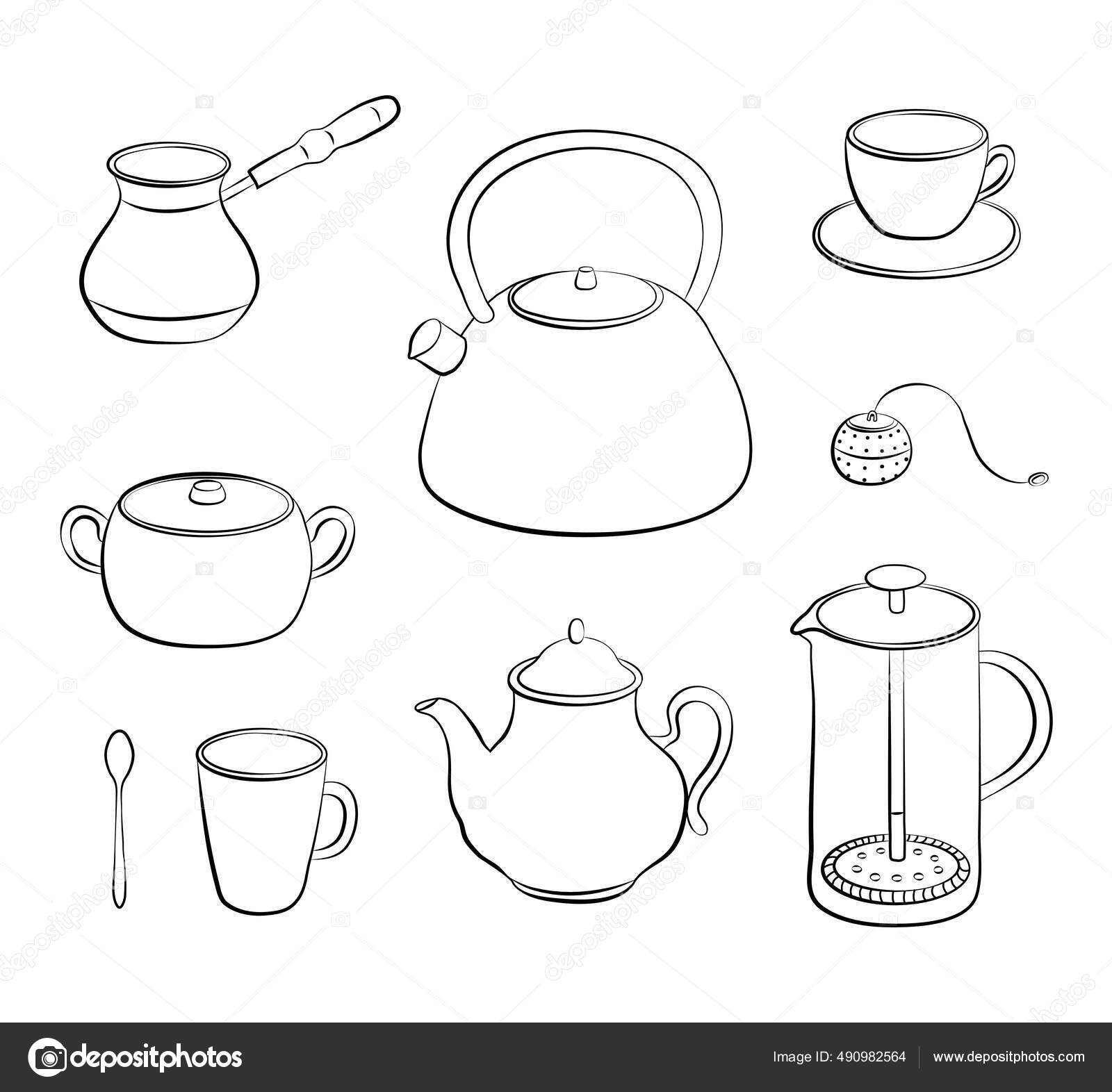 Hand Drawn Outline Tea Items Dishes Isolated White Background Stock ...