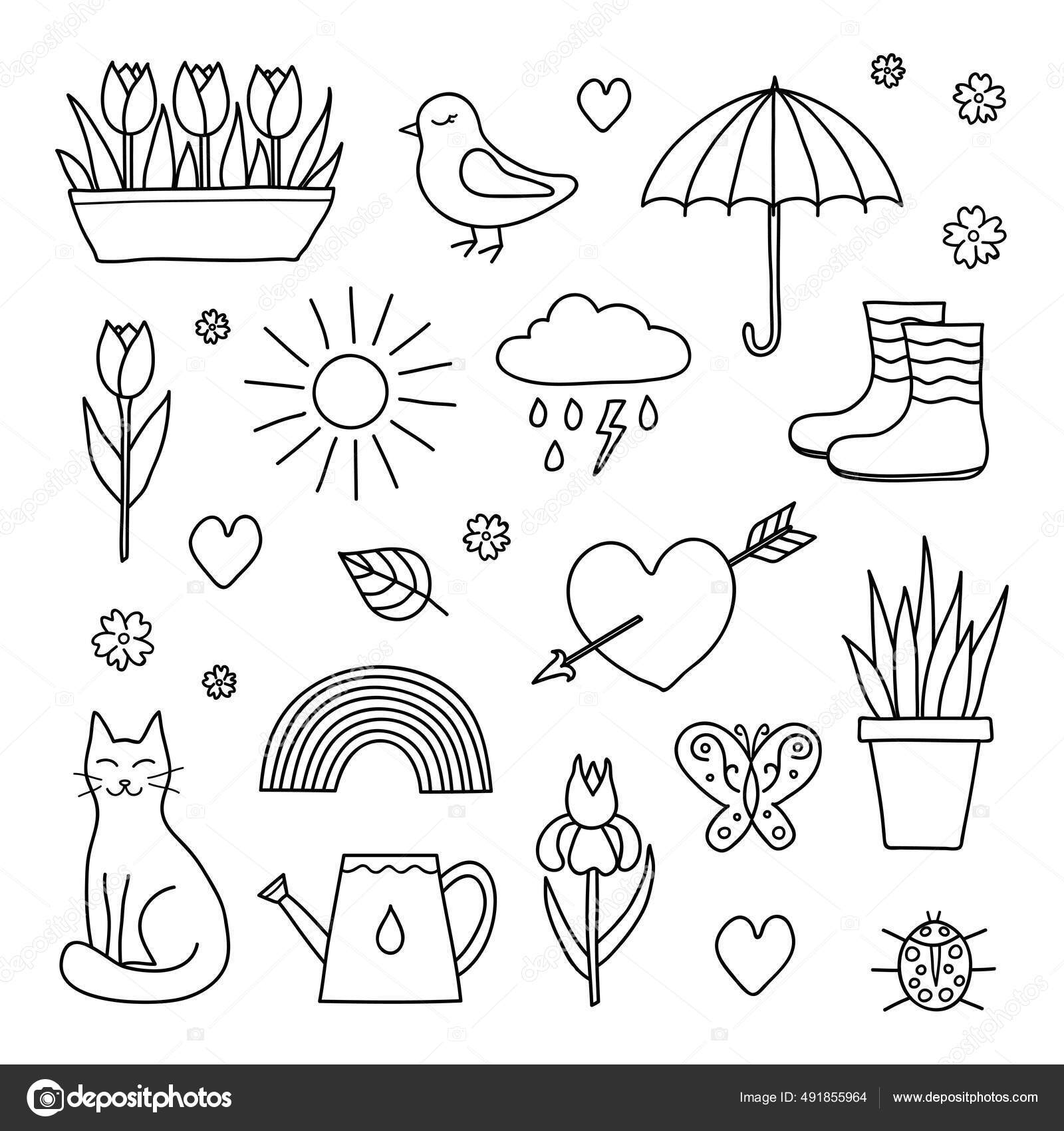 Collection Hand Drawn Outline Spring Items Including Sun Cloud Umbrella ...