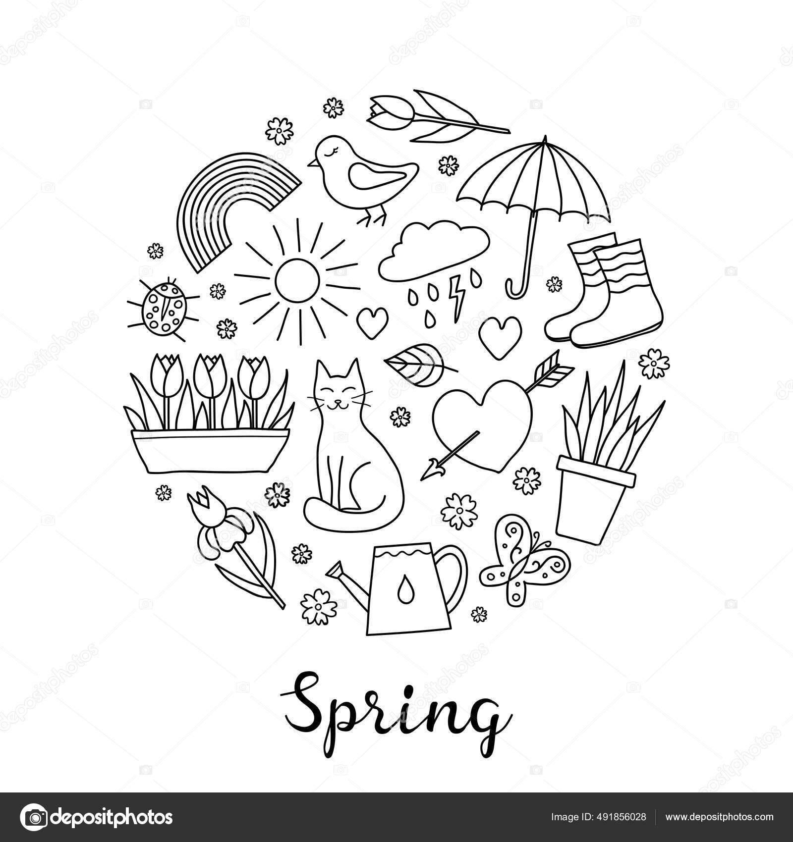 Hand Drawn Outline Spring Items Including Sun Cloud Umbrella Boots ...