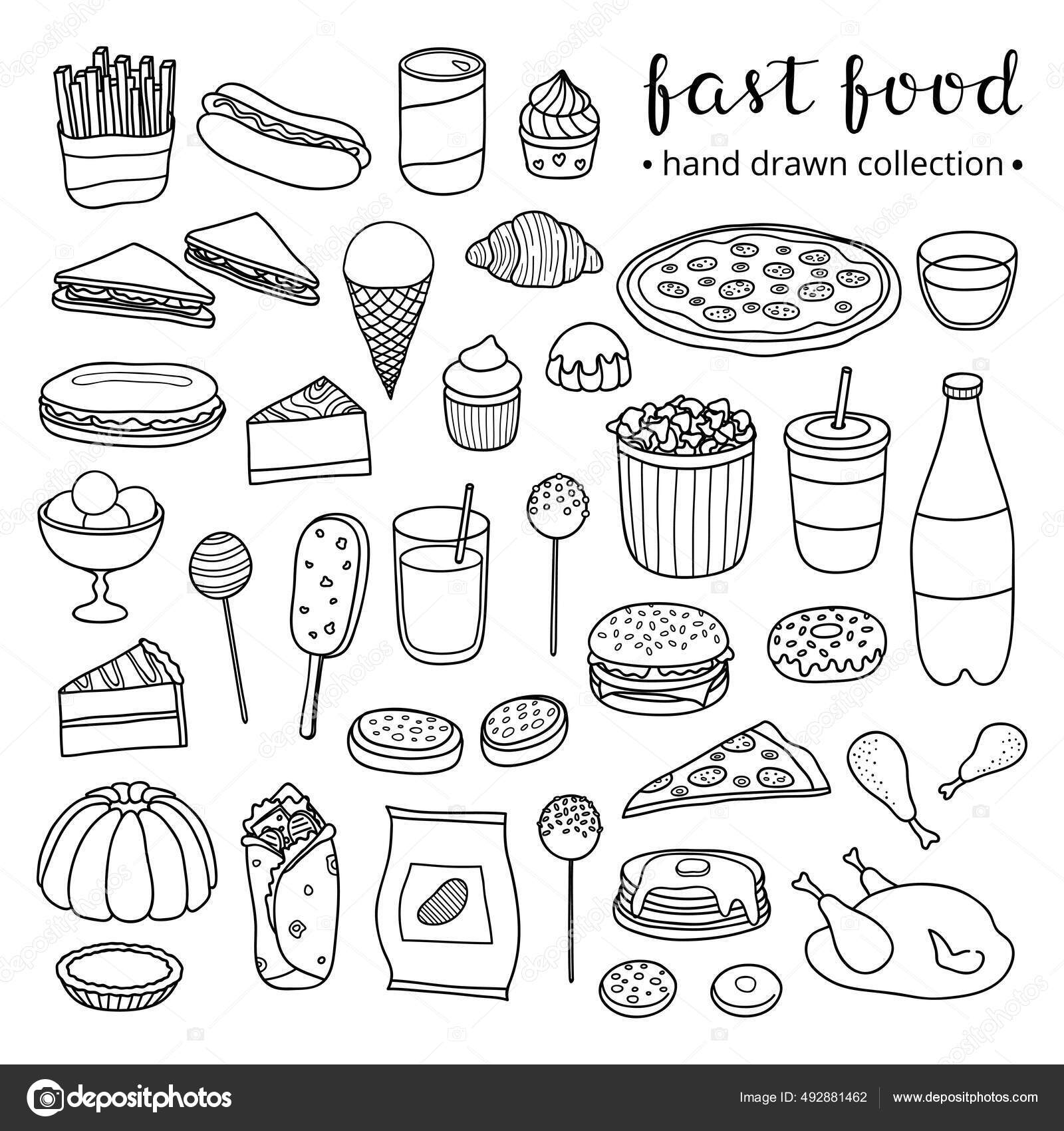Collection Hand Drawn Outline Fast Food Meals Including Pizza Burger ...