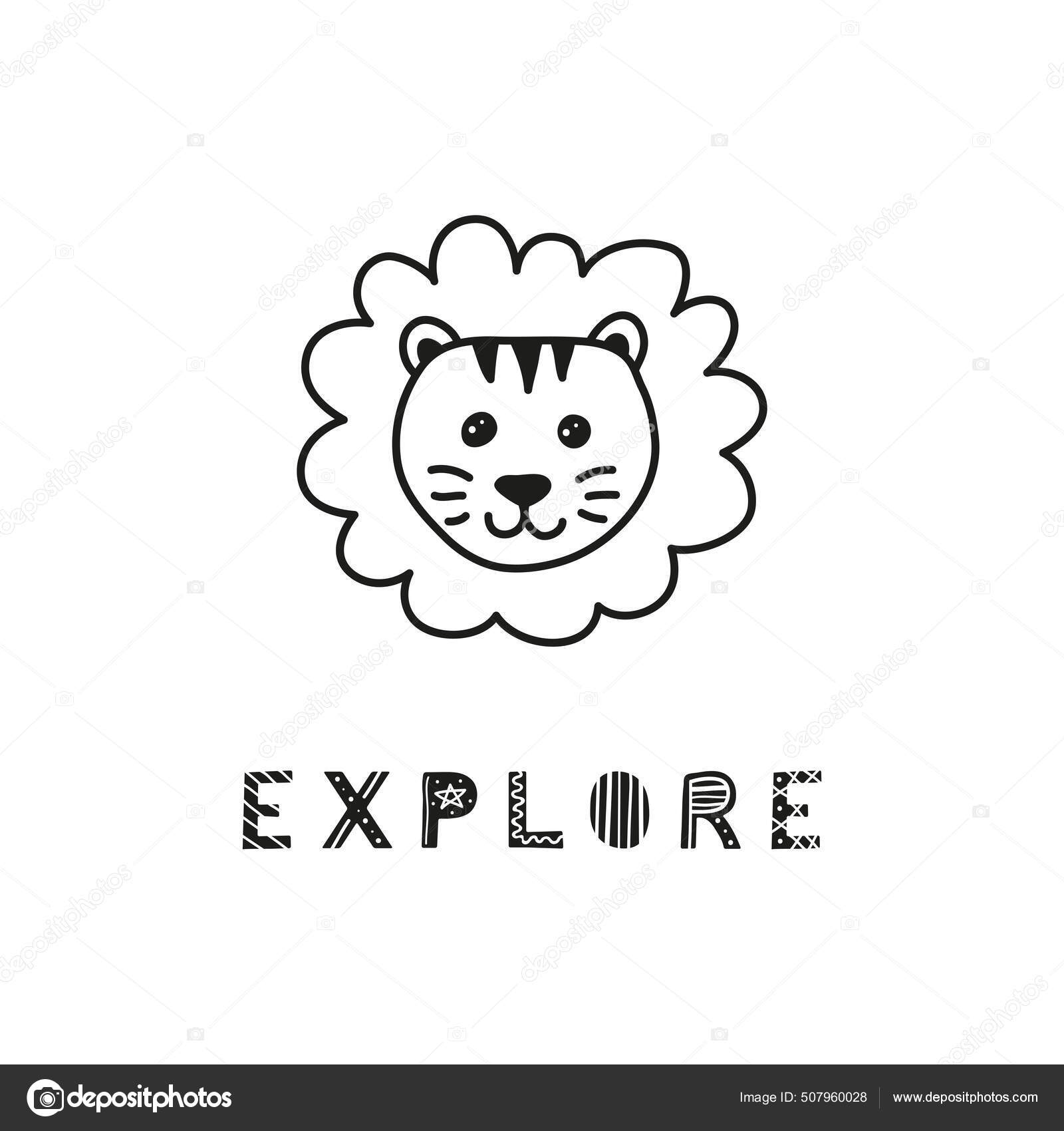 Linda Ilustración Dibujada Mano Con Cara León Letras Aisladas Sobre ...