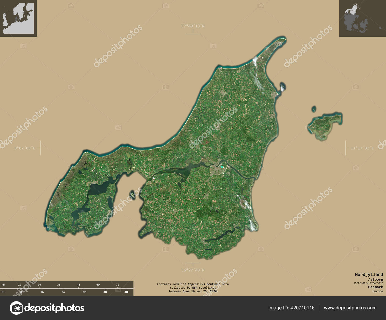 Nordjylland Region Denmark Sentinel Satellite Imagery Shape Isolated Solid Background Stock ...