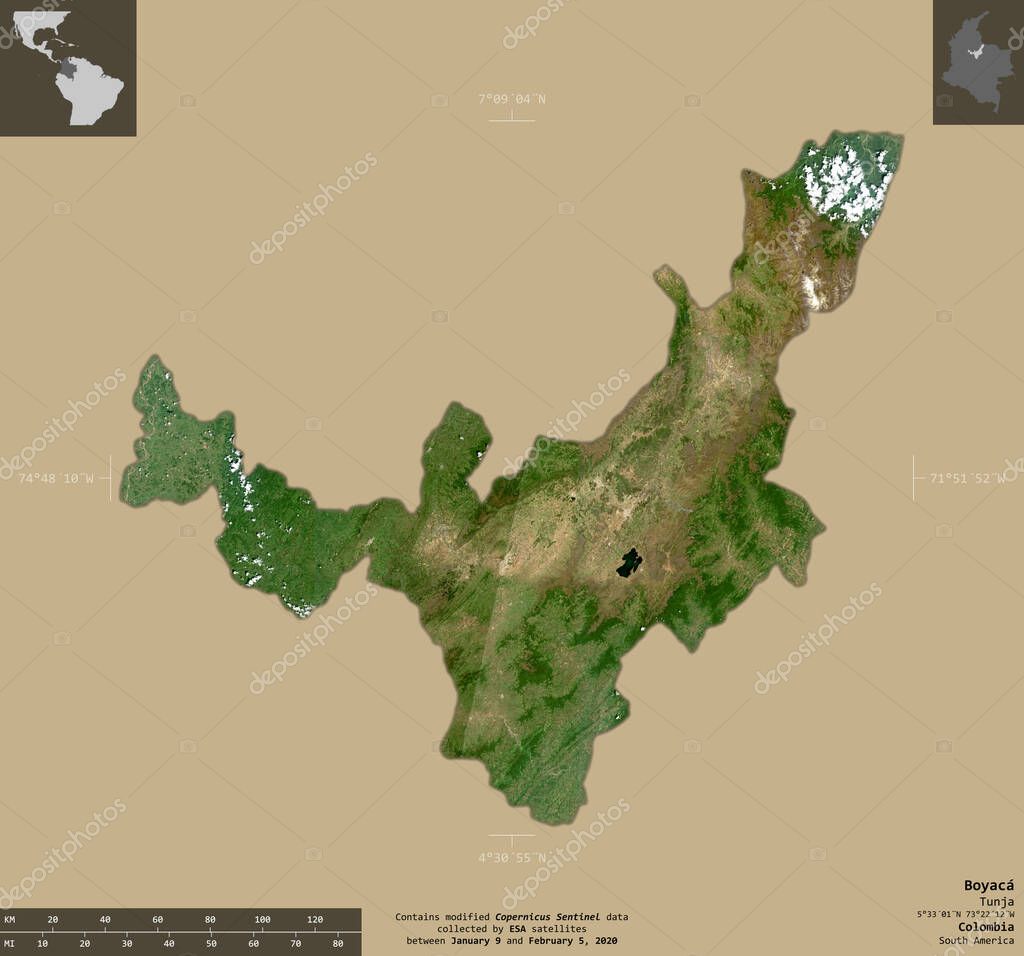 Boyaca, departamento de Colombia. Imágenes satelitales Sentinel-2. Forma aislada sobre fondo ...