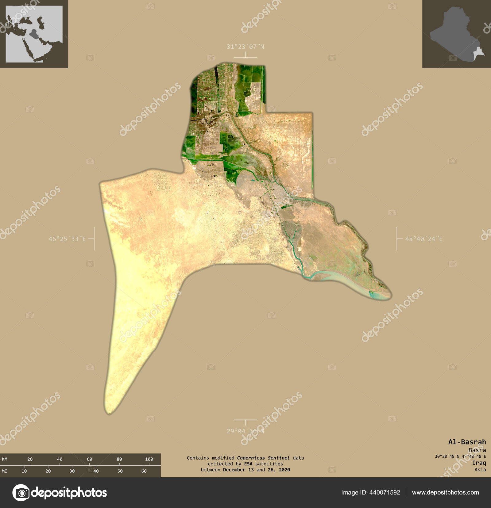 Basrah Province Iraq Sentinel Satellite Imagery Shape Isolated Solid ...