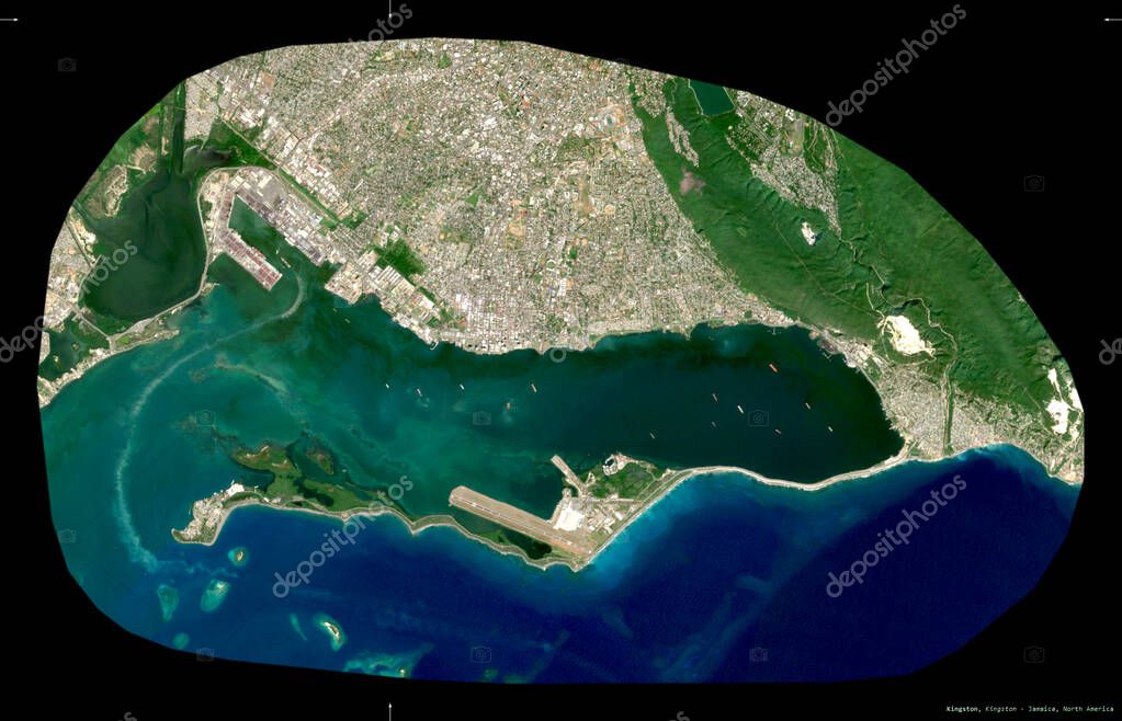 Kingston, parroquia de Jamaica. Im genes satelitales Sentinel-2. Forma aislada en negro ...
