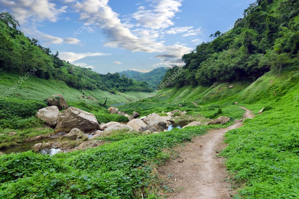 Sendero de montaña en el parque nacional cerca de Khun Dan Dam, Nakohn ...