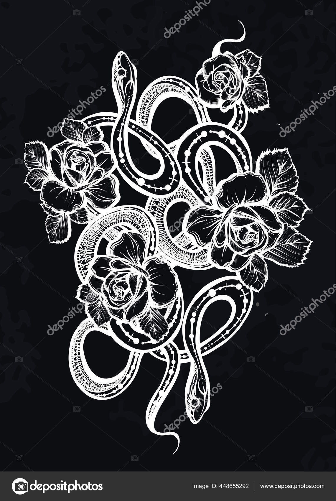 Vector Illustration Snakes Flowers Tattoo Handmade Print Shirt ...
