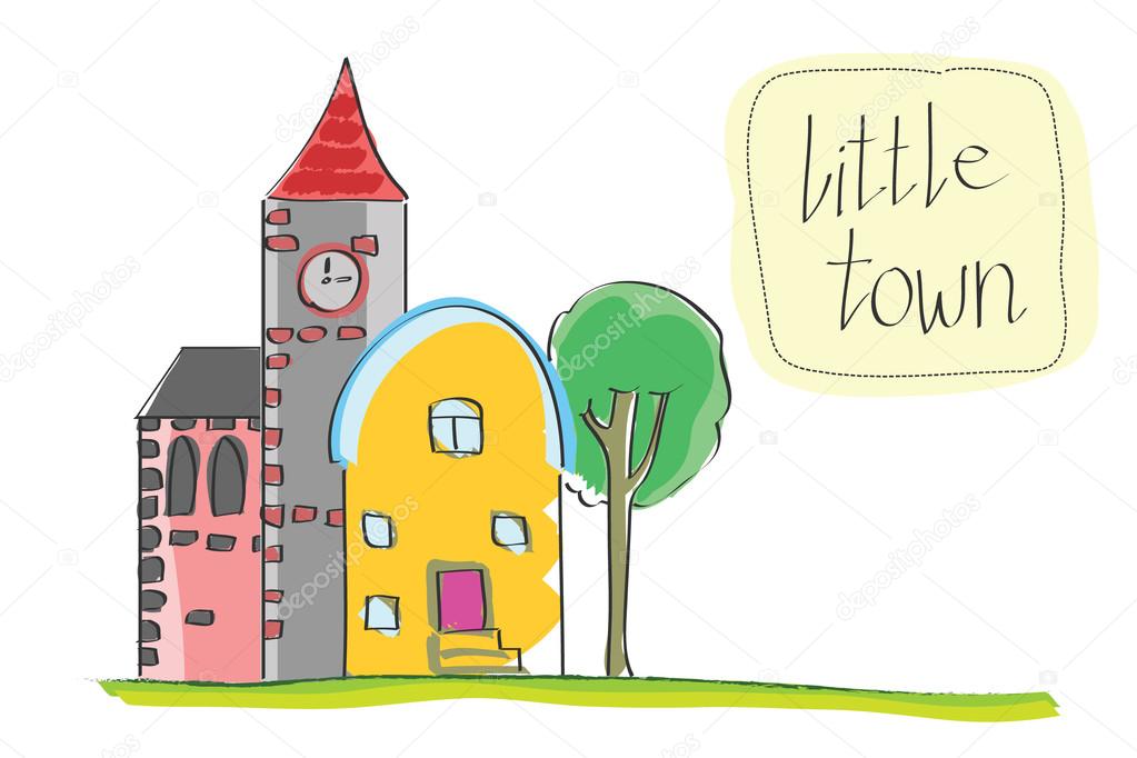 Vector illustration of old little town. Cartoon historic buildings city ...