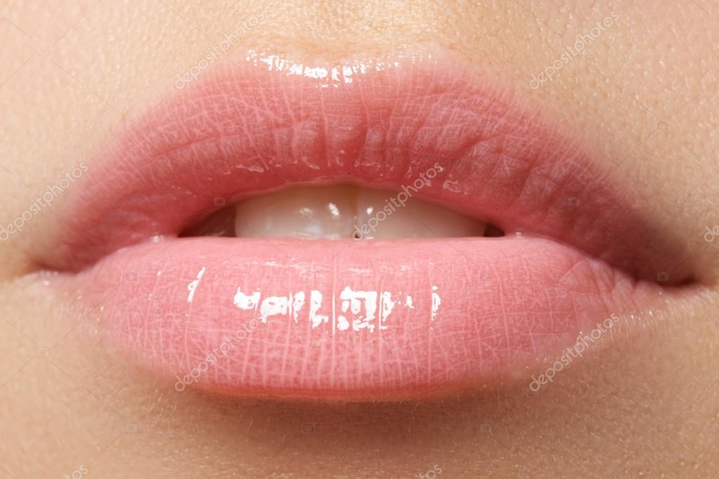 Beautiful full pink lips. Lipstick. Professional make-up. — Stock Photo ...
