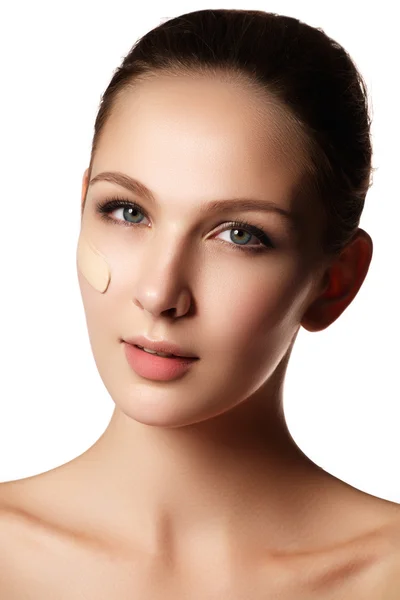 Beautiful young model with dark fashion make-up and french manicure ...