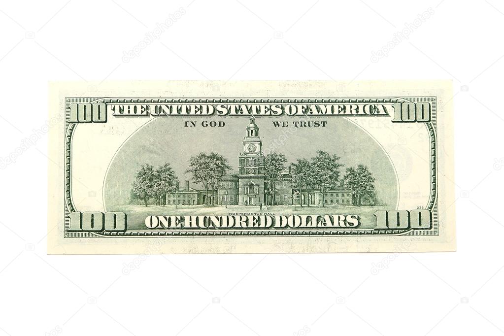 Back side of the one hundred dollar bill isolated on a white background ...