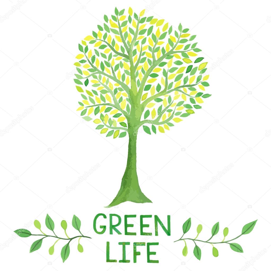 Watercolor green logo with green tree. Green life. — Stock Vector ...