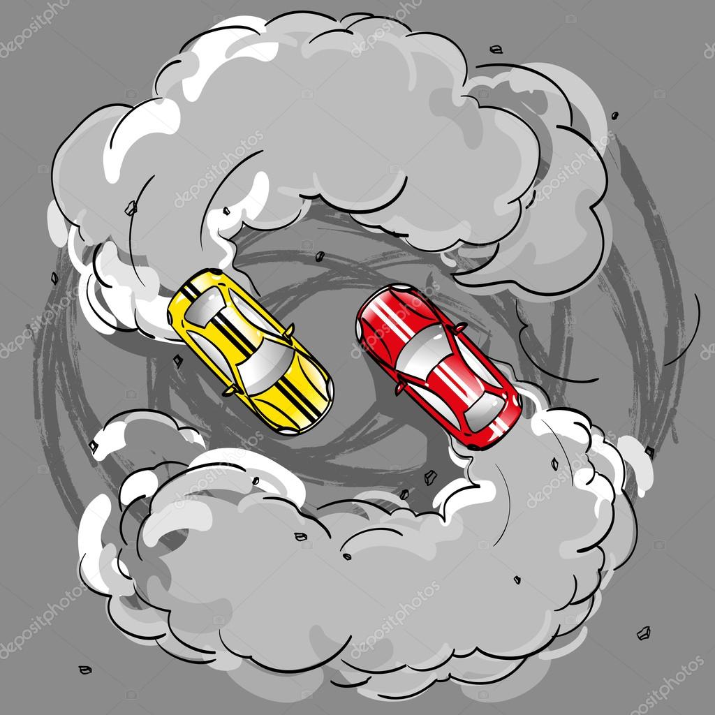 Two racing cars in a skid on the spread smoke is in turn at speed on ...