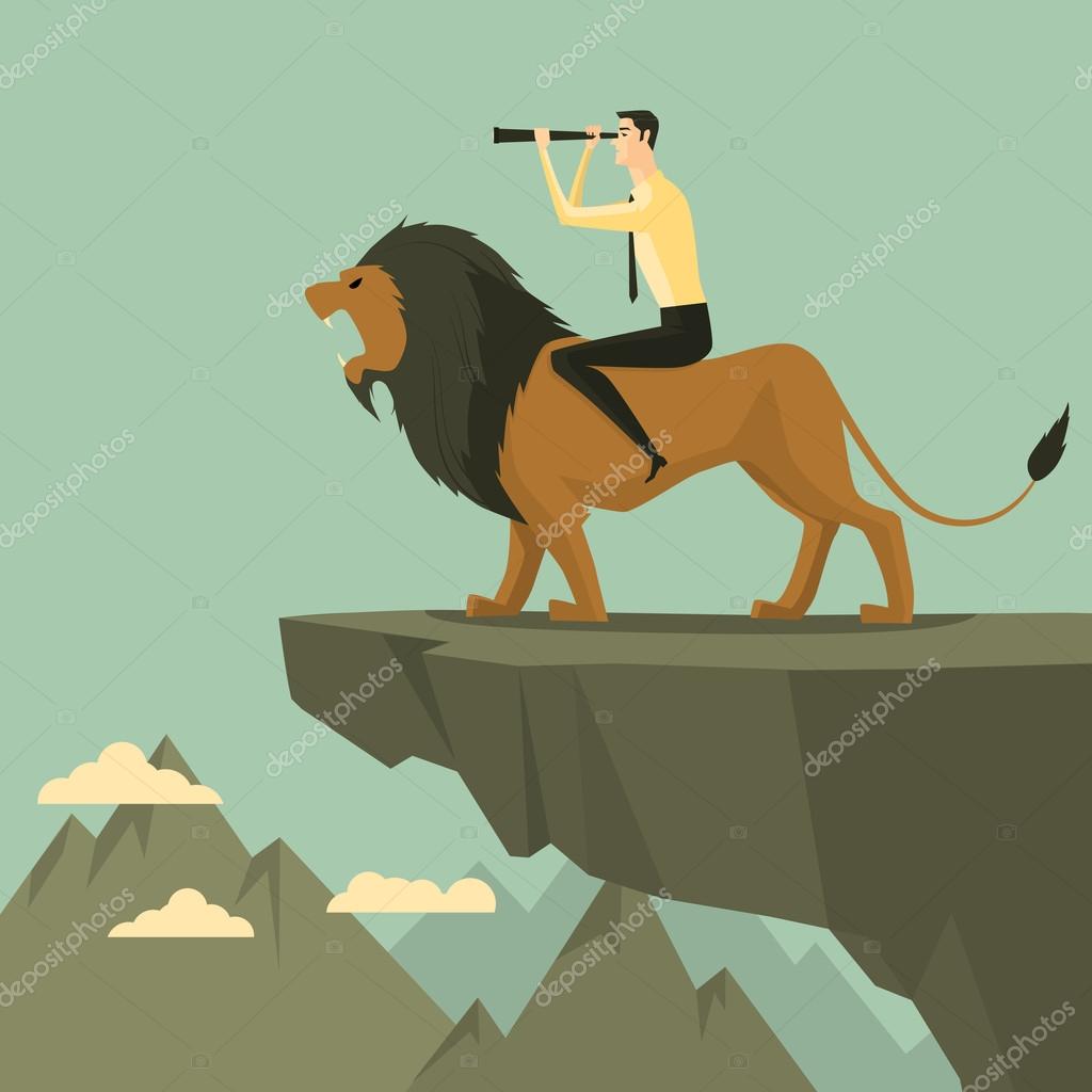 Young adult sitting on a lion with binoculars spying on competitors ...