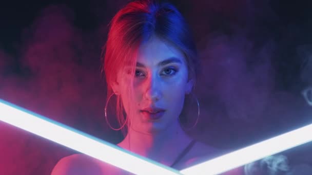 Neon beauty color light face woman touching skin — Stock Video ...