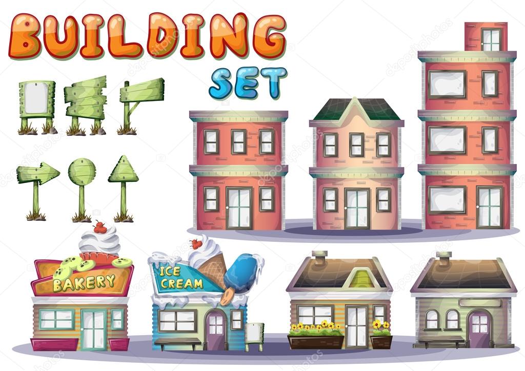 Cartoon vector building set for game and animation Stock Vector Image ...