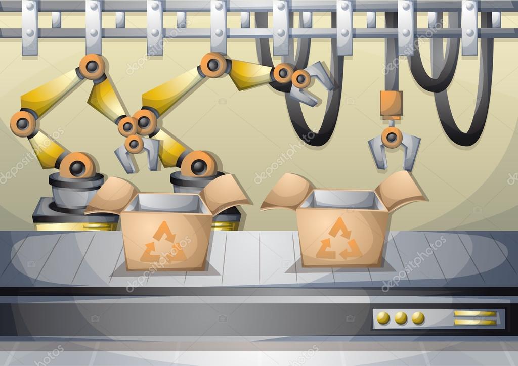 Cartoon vector illustration interior factory room with separated layers ...