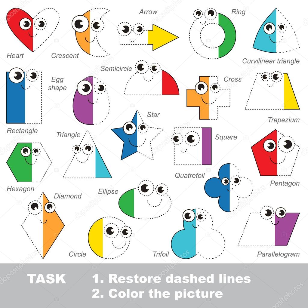 Set of funny geometric shapes to be colored. Vector trace game.