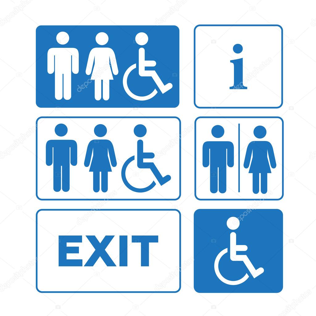 Blue line and silhouette Man and Woman public access icons set Stock ...