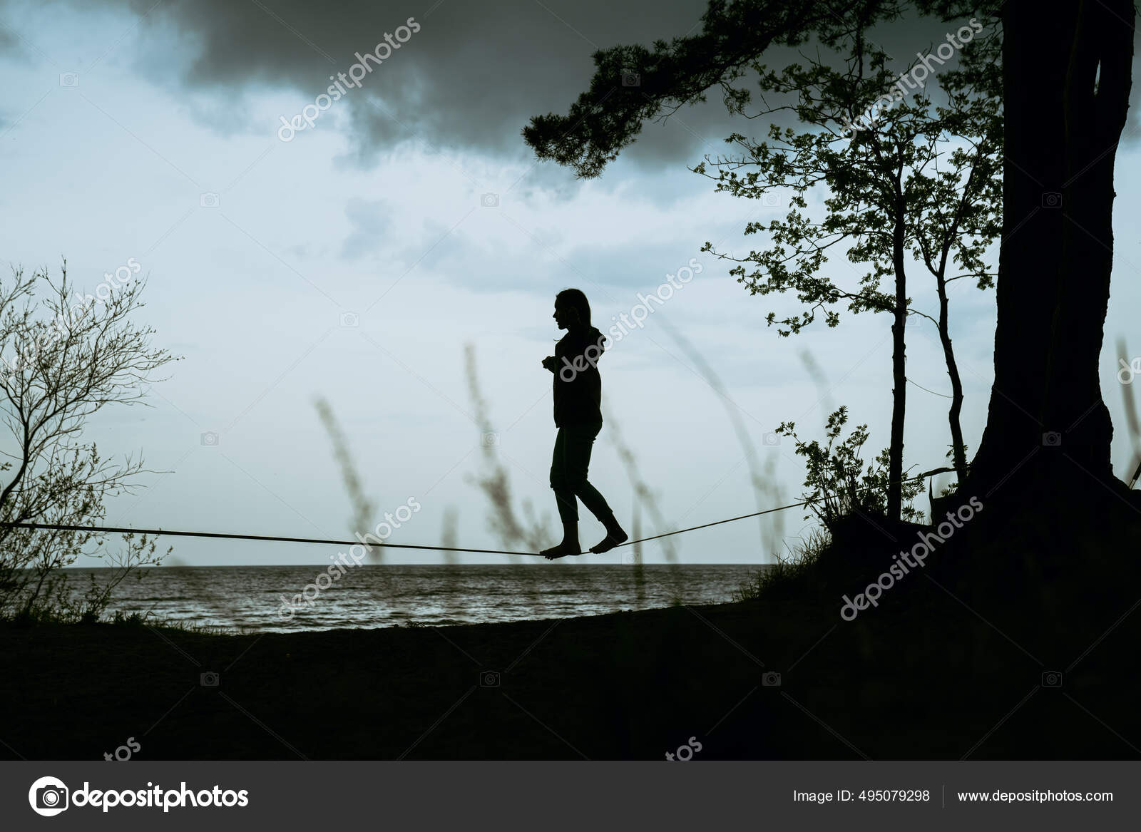 Lady Practising Slack Line City Park Slacklining Practice Balance ...