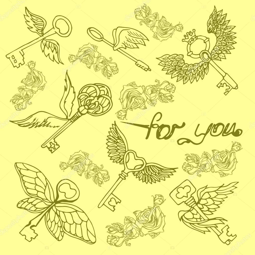 Illustration of the key with wings. Golden key with flying angel wings ...