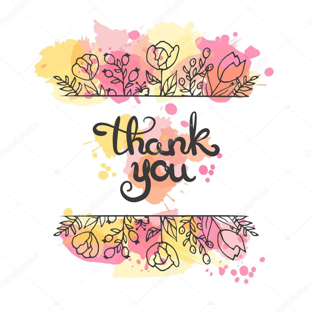Thank you card. Hand drawn lettering design. Greeting card with flowers ...