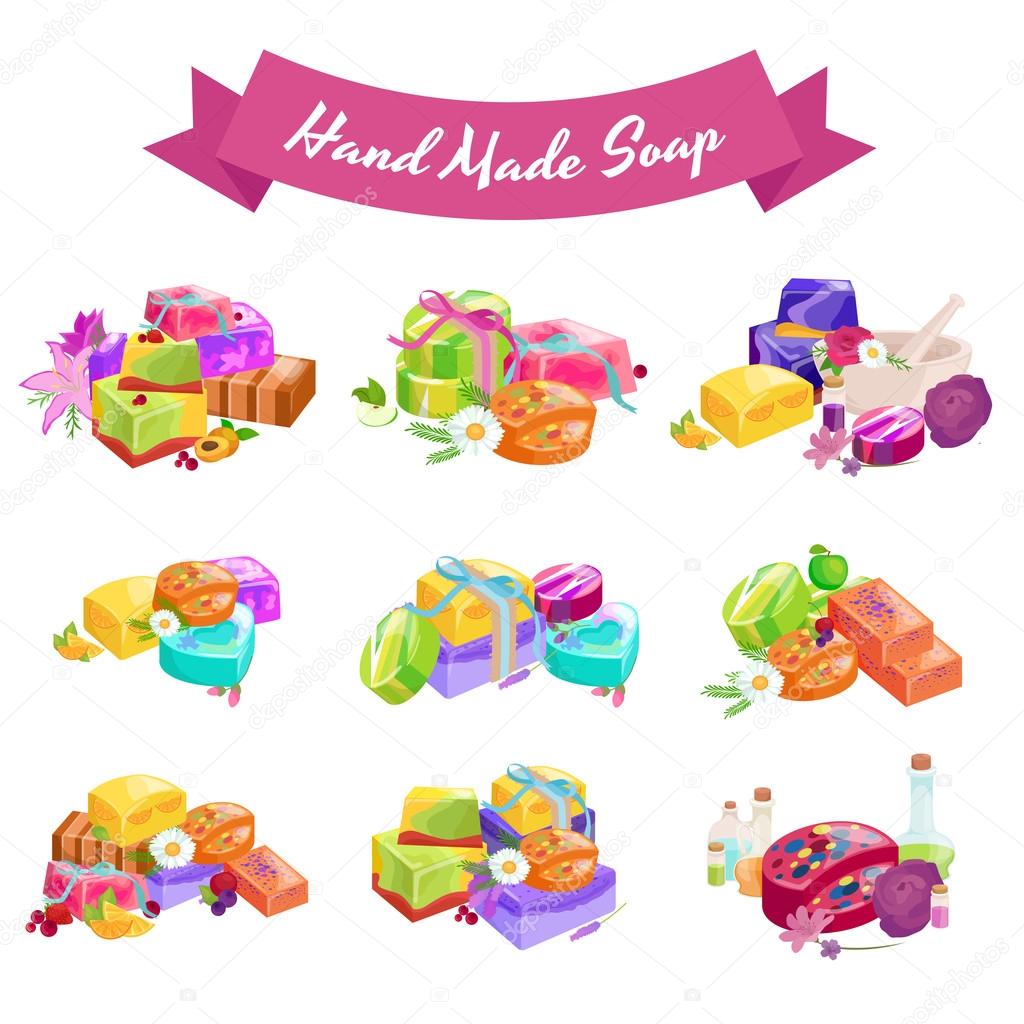 Homemade bars soaps, flowers and essential oil. vector icons set Stock ...