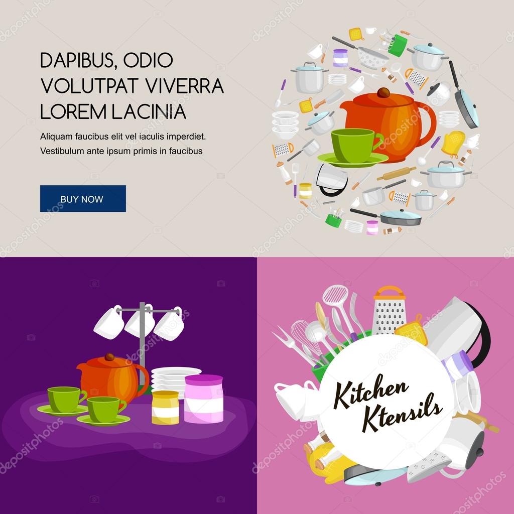 Food and cooking banner set with kitchenware utensils, Kitchen set of ...