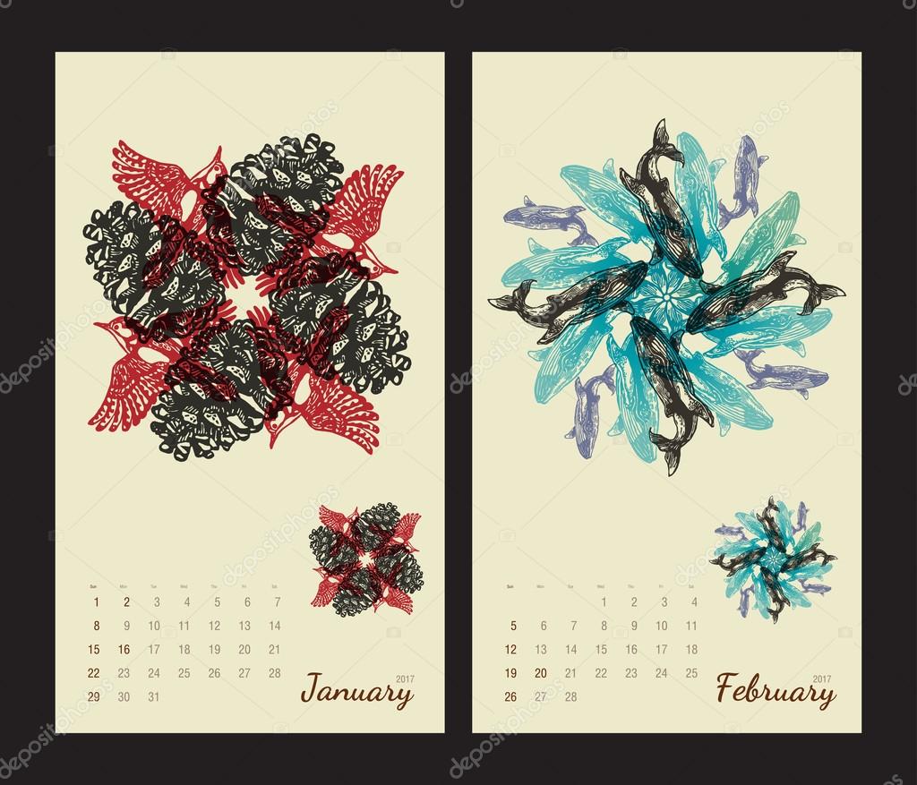 Animal printable calendar 2017 with flora and fauna fractals. Stock ...