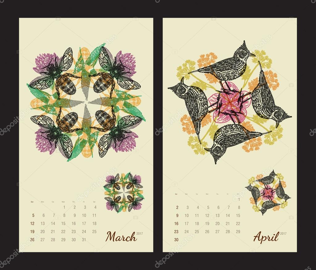 Animal printable calendar 2017 with flora and fauna fractals. Stock ...