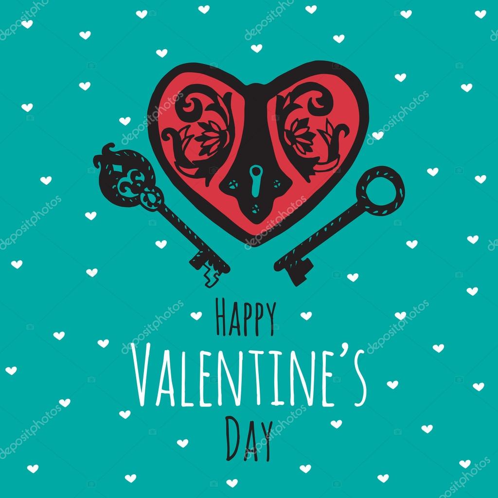 Tarjeta de San Valent n con cerradura de coraz n ilustrada y llave 2024