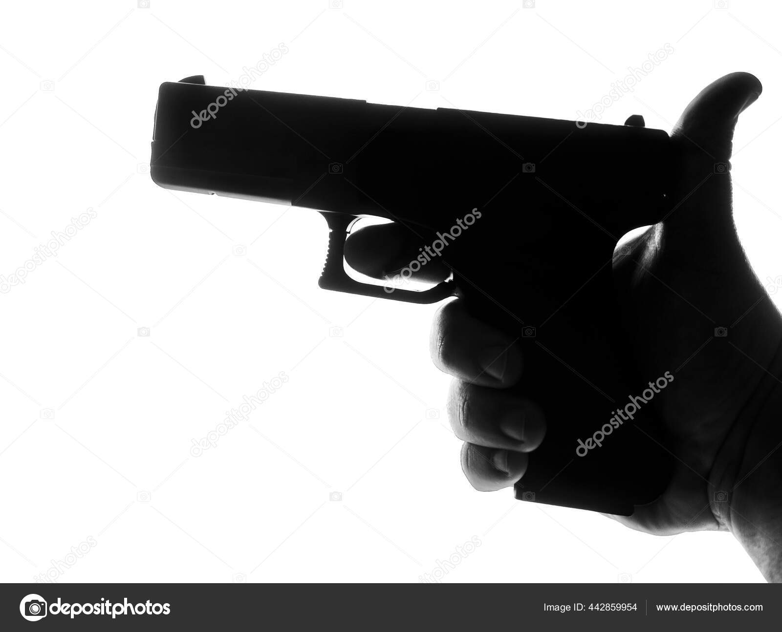 Male Hand Holding Gun Isolated White Background Silhouette Black Pistol ...