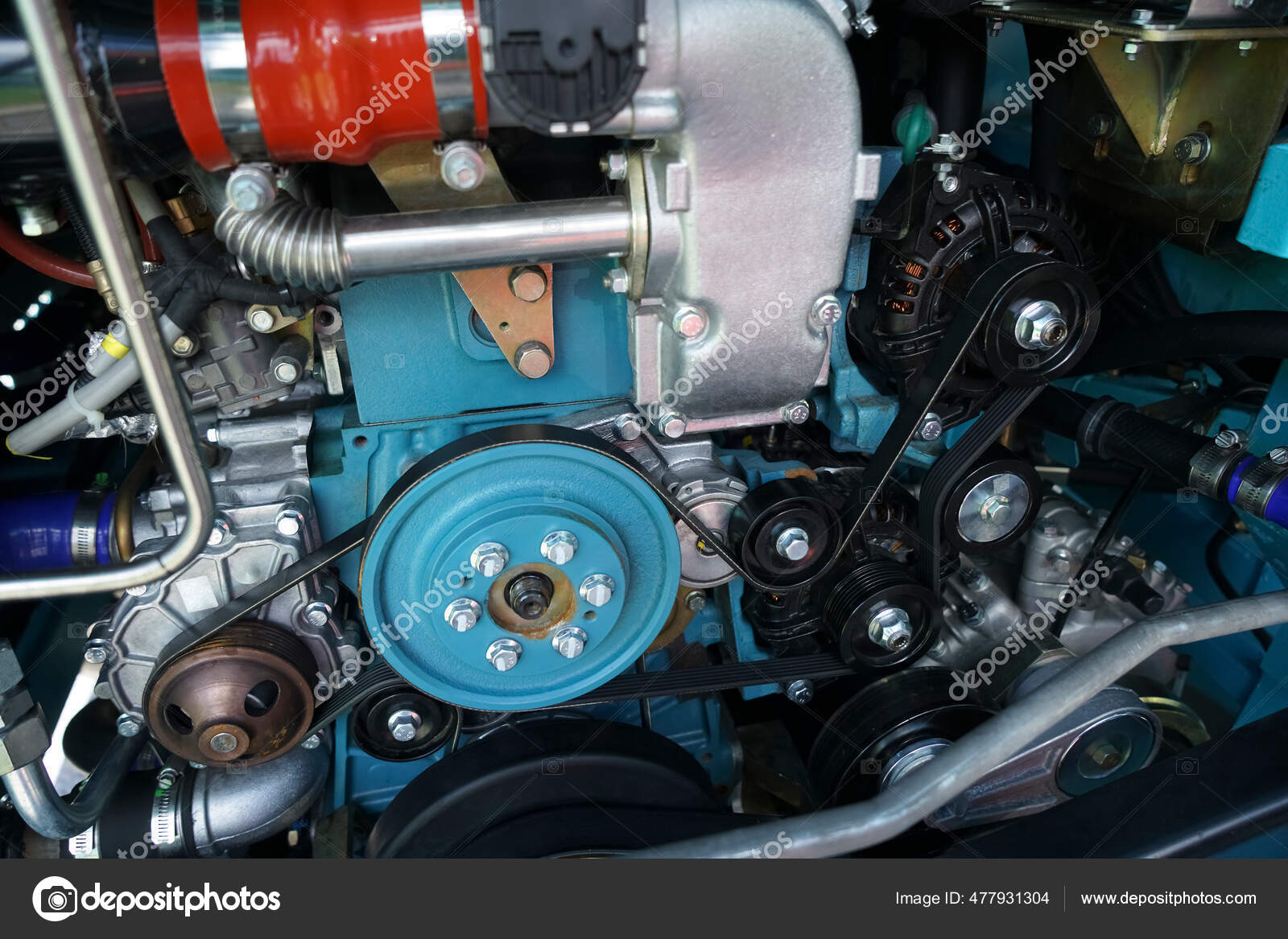 Close View New Bus Electric Engine Compartment Motor Belts Pulleys ...