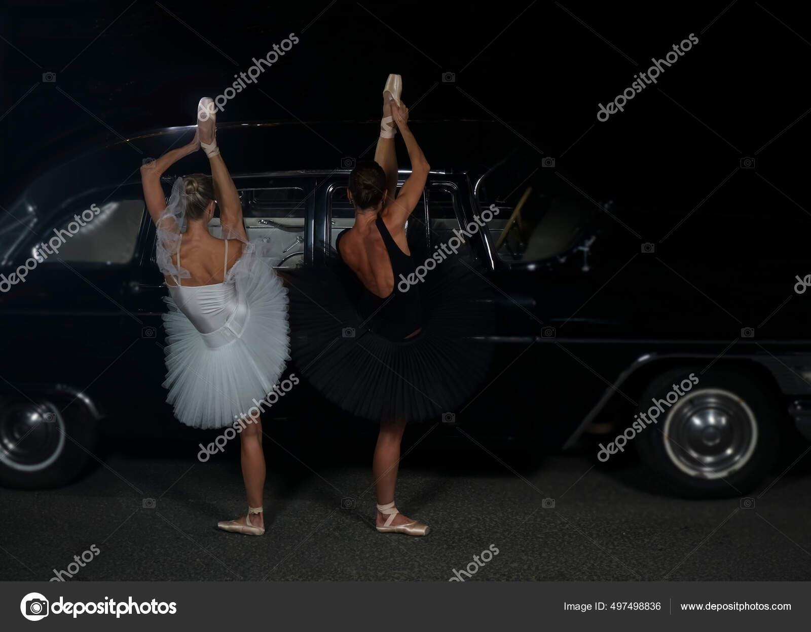 Portrait Two Ballet Dancers Dancing Night Retro Car — Stock Photo ...