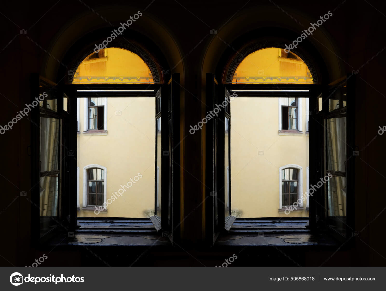 Old Windows Made Wood Opened Wooden Windows Saint Petersburg — Stock ...