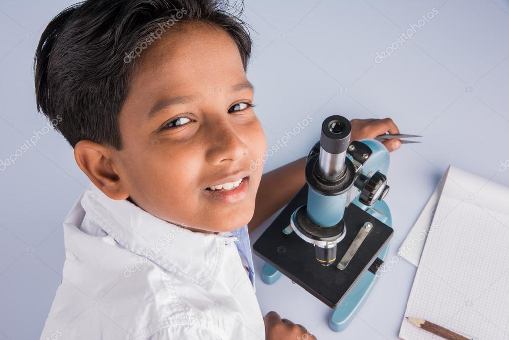 Indian boy and microscope, asian boy with microscope, Cute little kid ...
