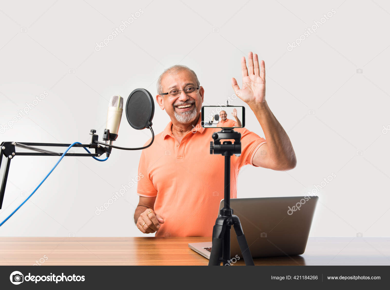 Confident Indian Old Man Speaking Recording Mic Filter While Recording ...