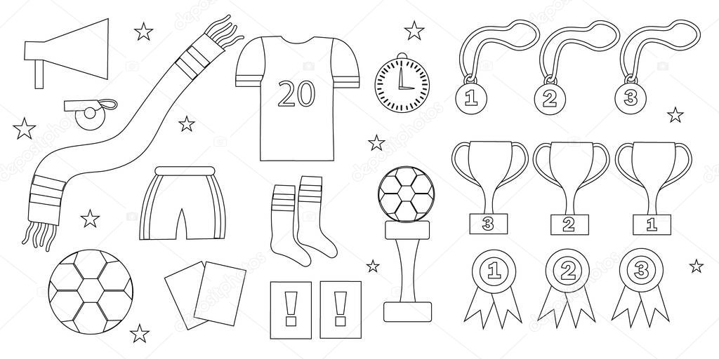 Set de garabatos para jugar al f tbol, aislados sobre fondo blanco. Elementos de iconos para el ...