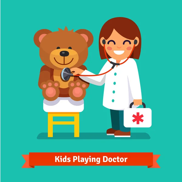 Little Girl In White Coat And Stethoscope Plays Doctor And Treats Her ...