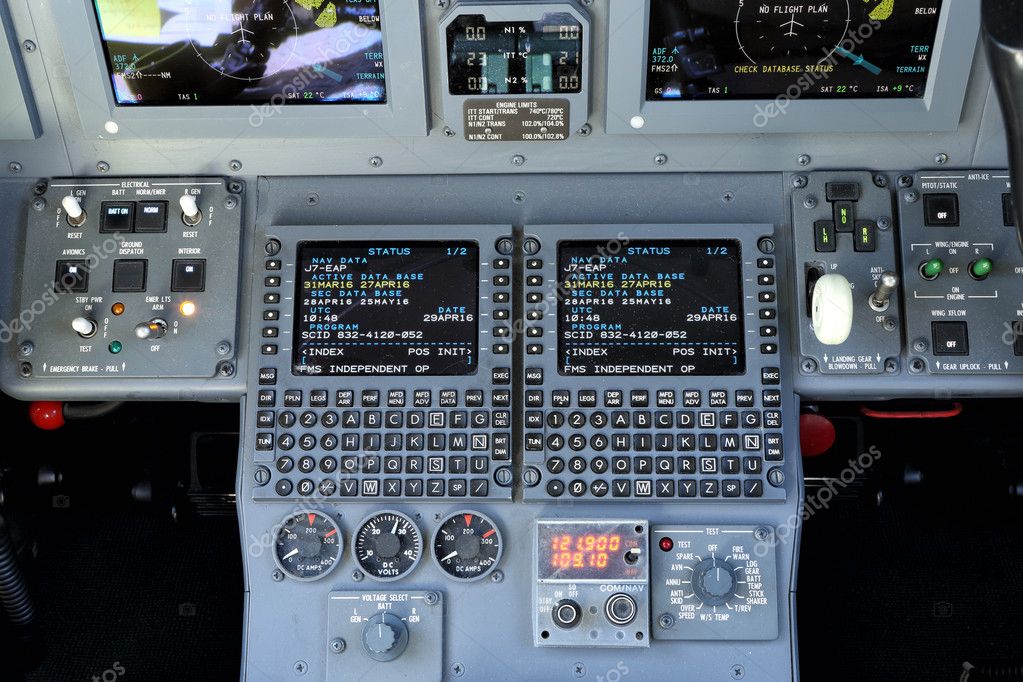 Multiple jet aircraft control system panels — Stock Photo ...