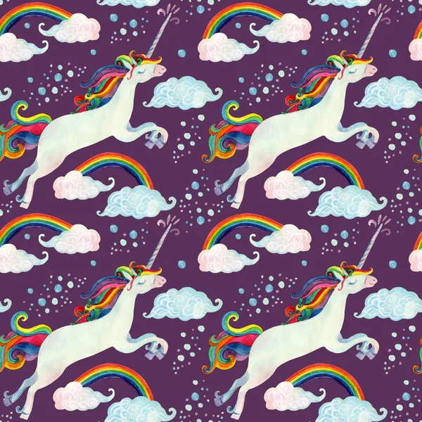 Watercolor fairy tale seamless pattern with flying unicorn, rainbow ...