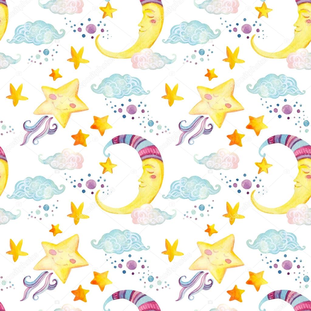 Watercolor fairy tale seamless pattern with magic sun, moon, cute ...
