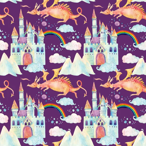 Watercolor fairy tale seamless pattern with magic sun, moon, cute ...