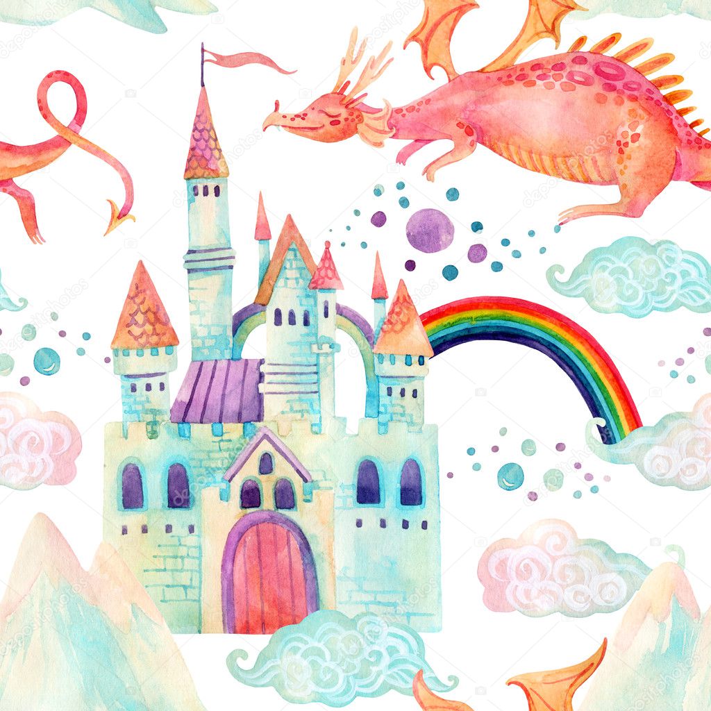 Watercolor fairy tale seamless pattern with cute dragon, magic castle ...
