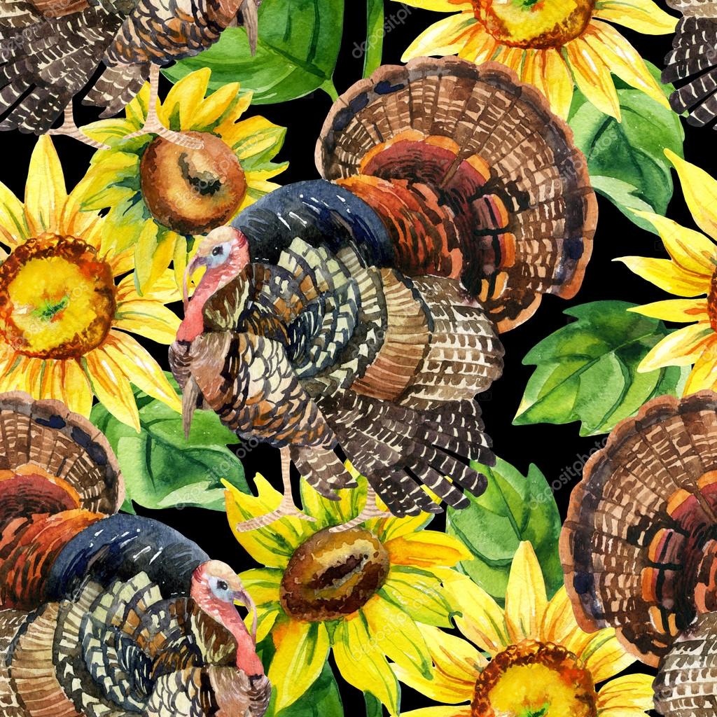 Watercolor turkey with sunflowers seamless pattern Stock Illustration ...